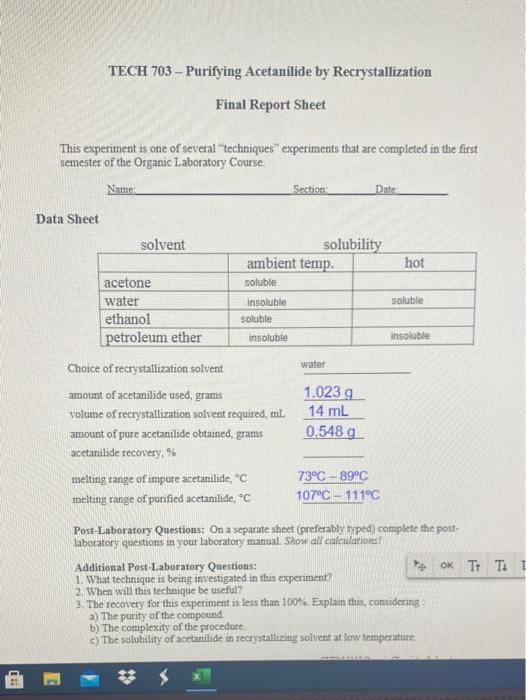 Solved TECH 703 - Purifying Acetanilide by Recrystallization | Chegg.com