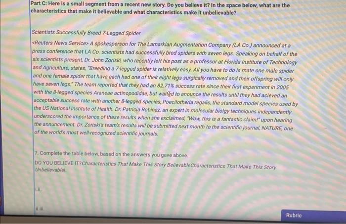 Solved Part C: Here is a small segment from a recent new | Chegg.com