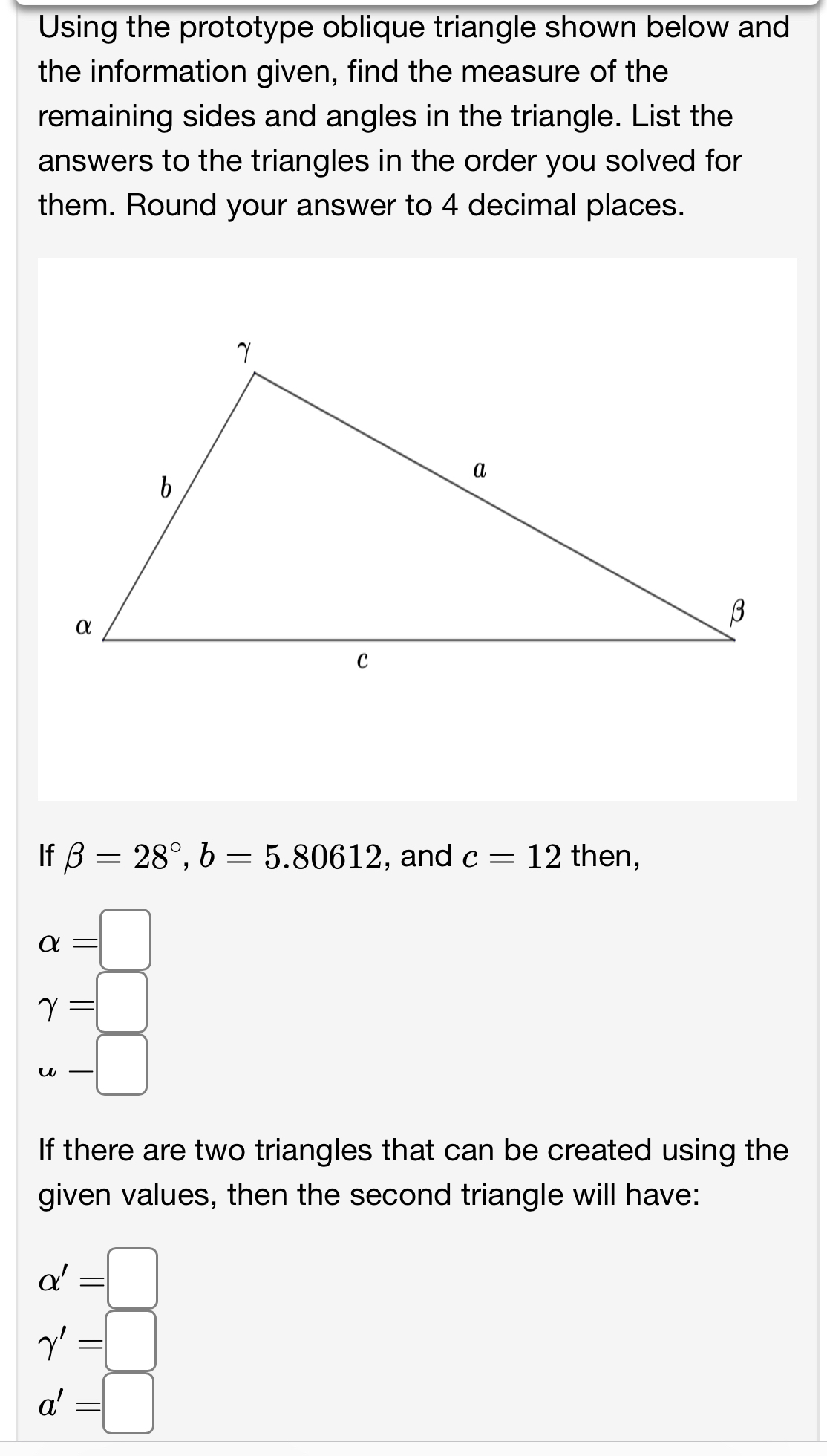 Solved Using the prototype oblique triangle shown below and | Chegg.com