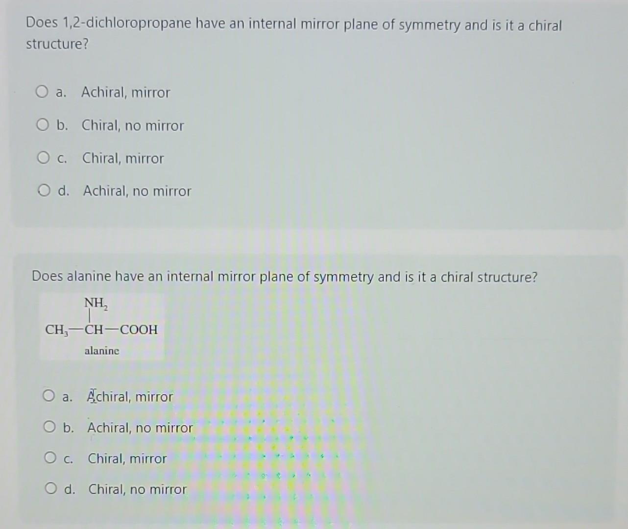 Solved Does 1,2-dichloropropane have an internal mirror | Chegg.com