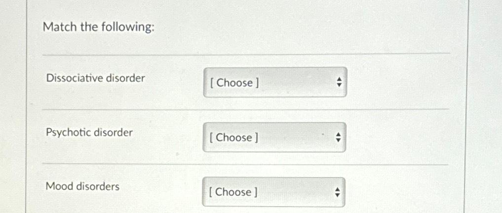 Solved Match the following:Dissociative disorderPsychotic | Chegg.com