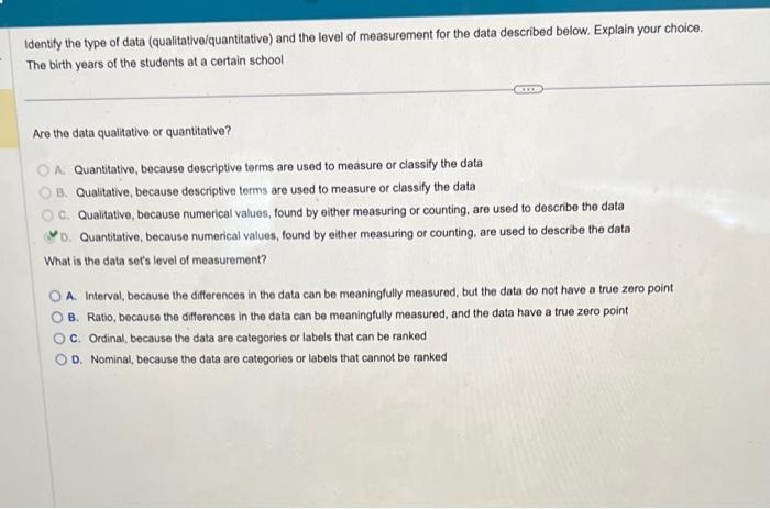 Solved Identify the type of data (qualitative/quantitative) | Chegg.com