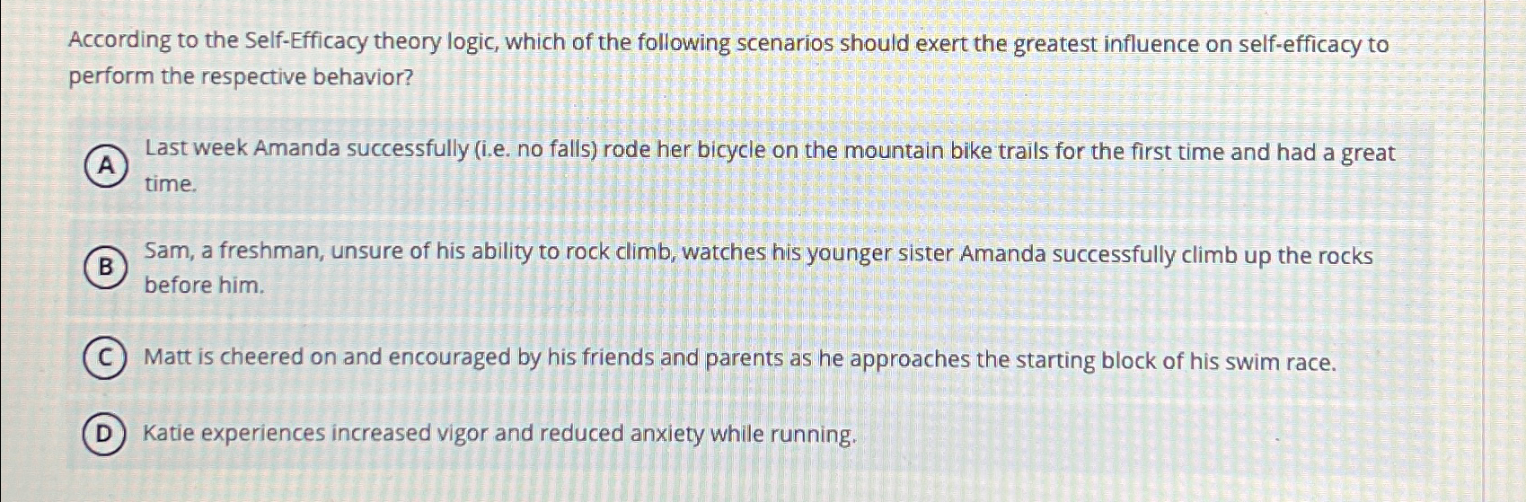 Solved According to the Self-Efficacy theory logic, which of | Chegg.com