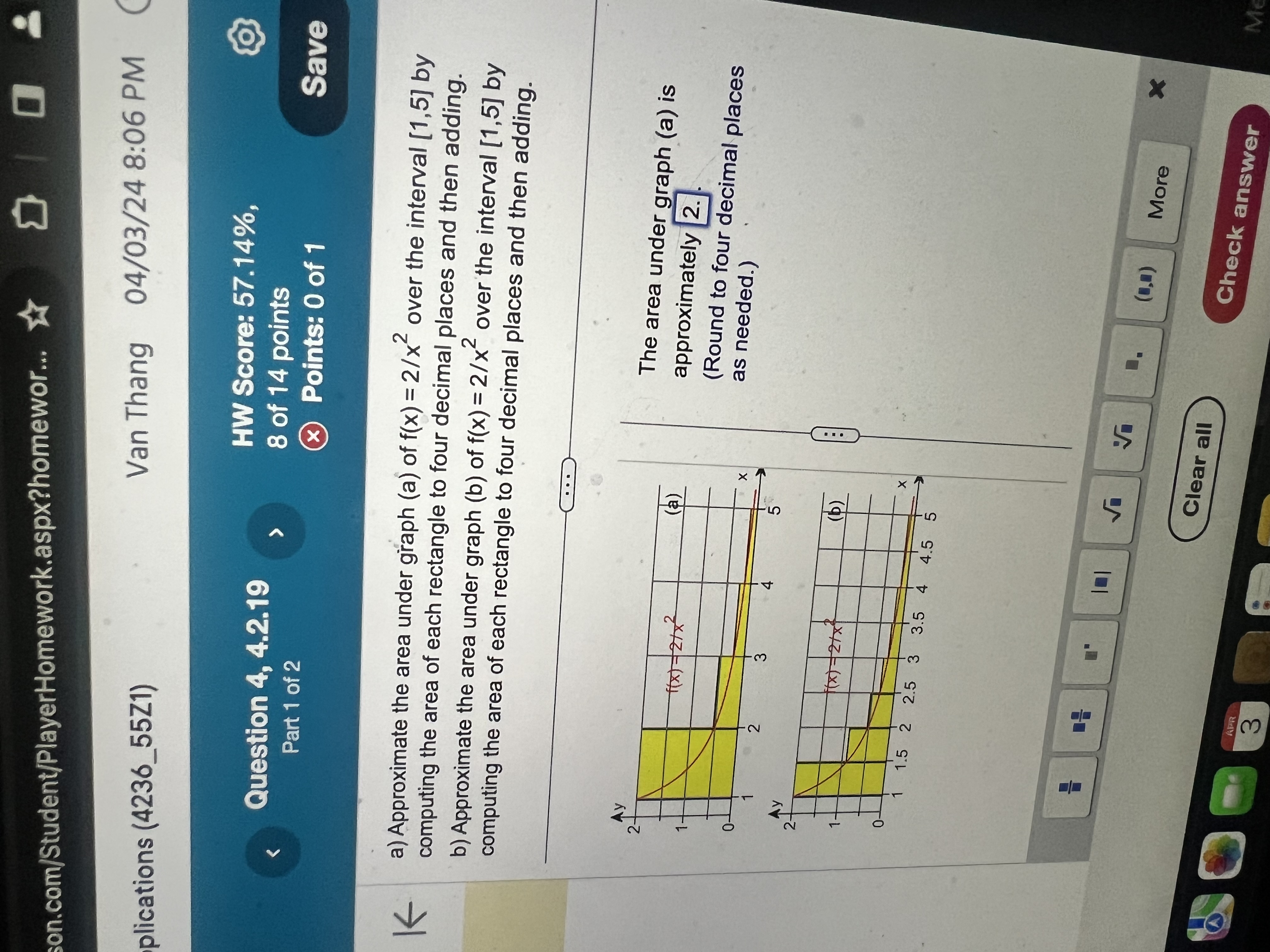 Solved a) ﻿Approximate the area under graph (a) ﻿of f(x)=2x2 | Chegg.com