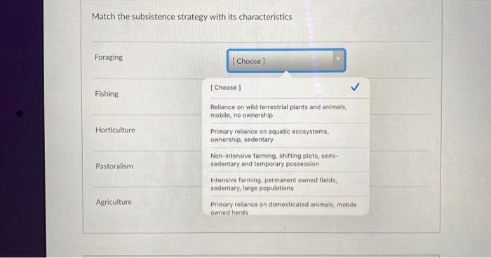 Solved Match the subsistence strategy with its | Chegg.com