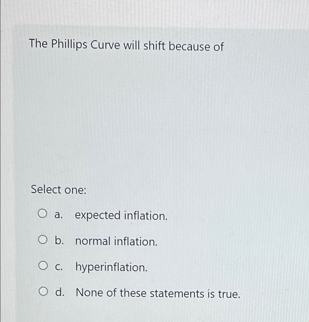Solved The Phillips Curve will shift because ofSelect one:a. | Chegg.com