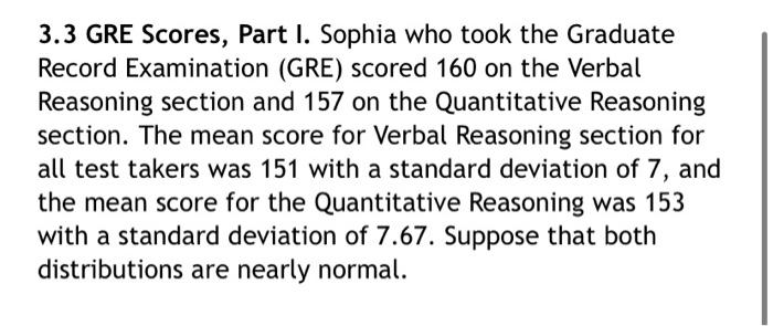 Solved 3.3 GRE Scores, Part I. Sophia who took the Graduate | Chegg.com