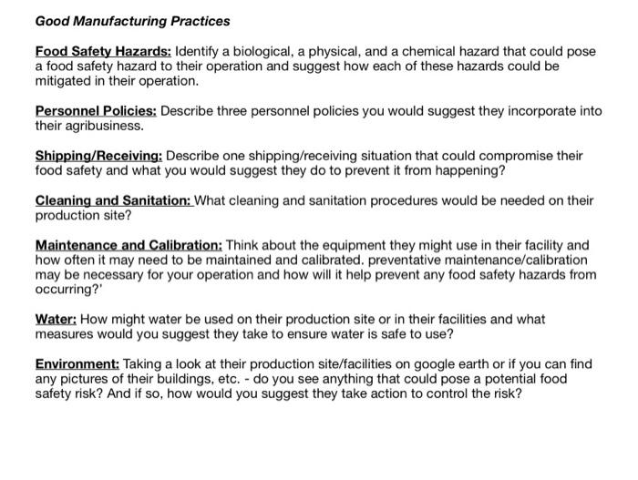 Solved Good Manufacturing Practices Food Safety Hazards: | Chegg.com