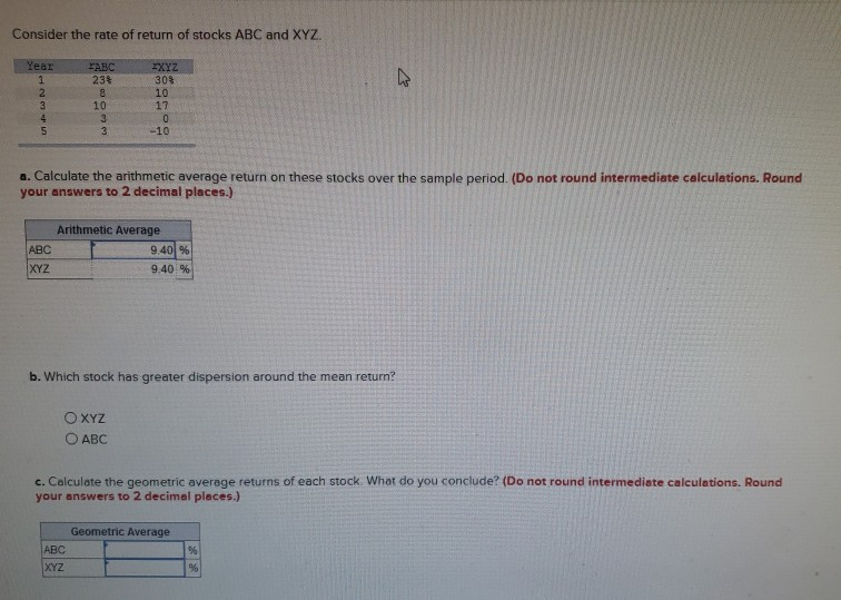 Solved Consider the rate of return of stocks ABC and XYZ. | Chegg.com