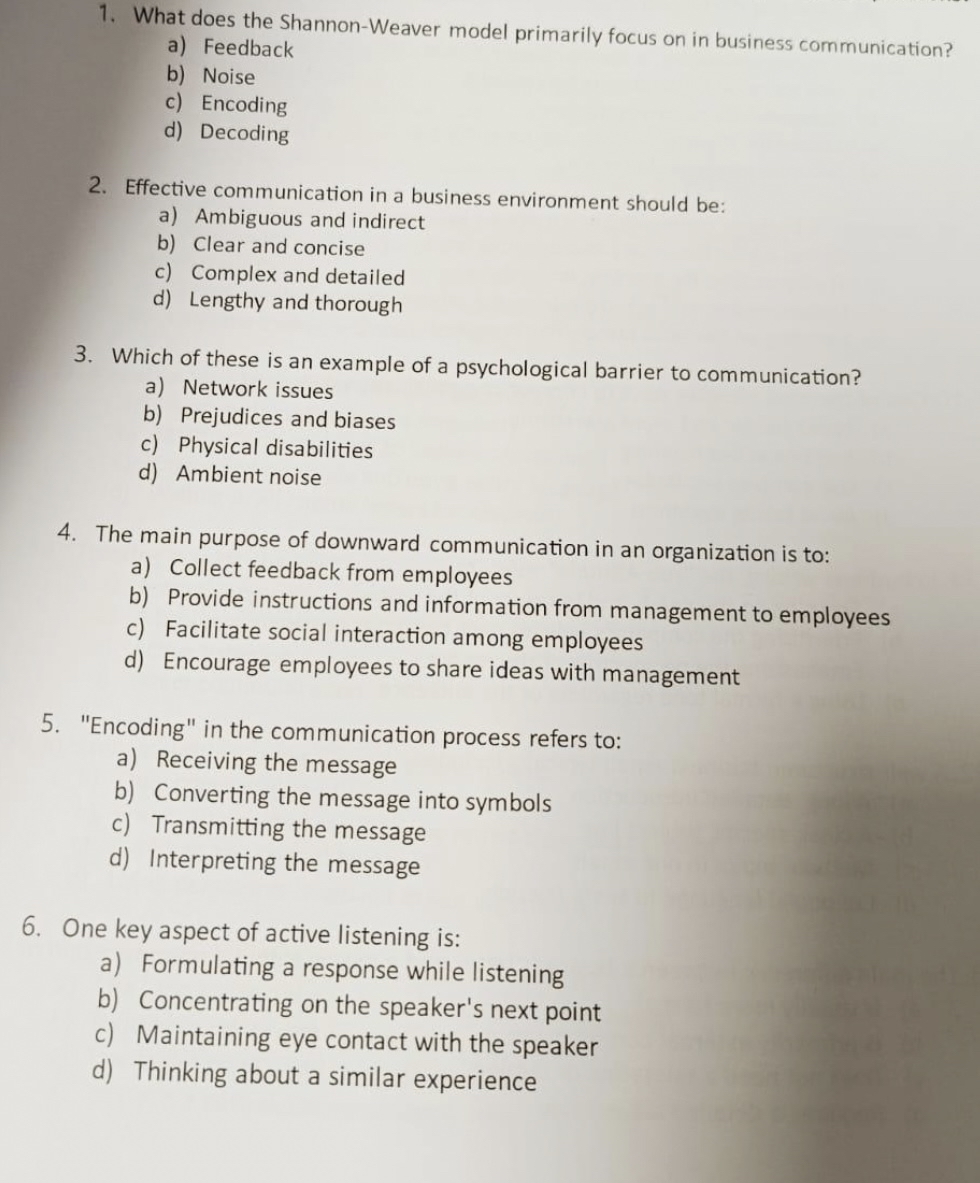 Solved What does the Shannon-Weaver model primarily focus on | Chegg.com