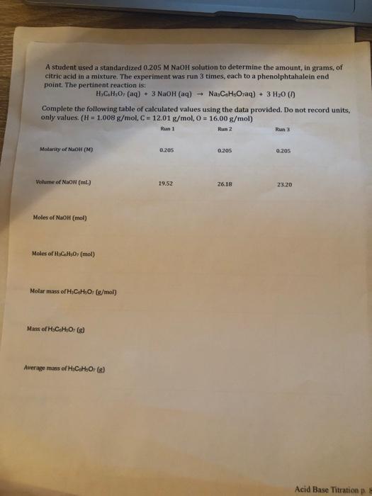 Solved Acid / Base Titrations: Post-Laboratory Questions | Chegg.com