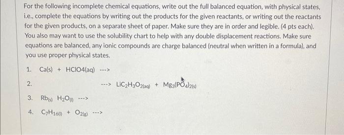 Solved For the following incomplete chemical equations, | Chegg.com