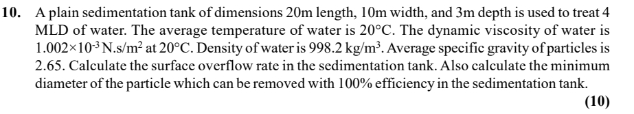Solved A Plain Sedimentation Tank Of Dimensions 20m Lengt