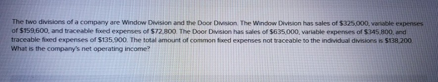 Solved The two divisions of a company are Window Division | Chegg.com