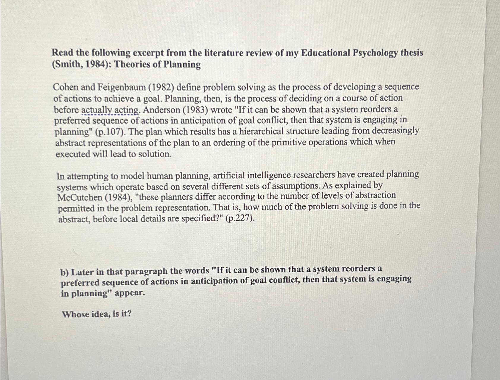 Solved Read the following excerpt from the literature review | Chegg.com