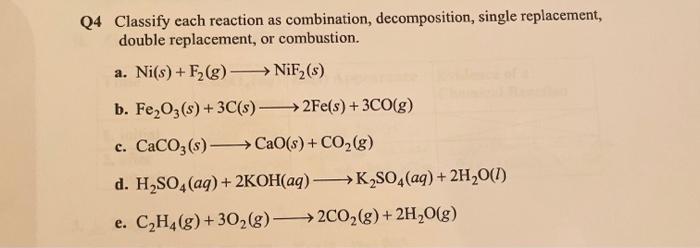 Solved Q4 Classify each reaction as combination, | Chegg.com