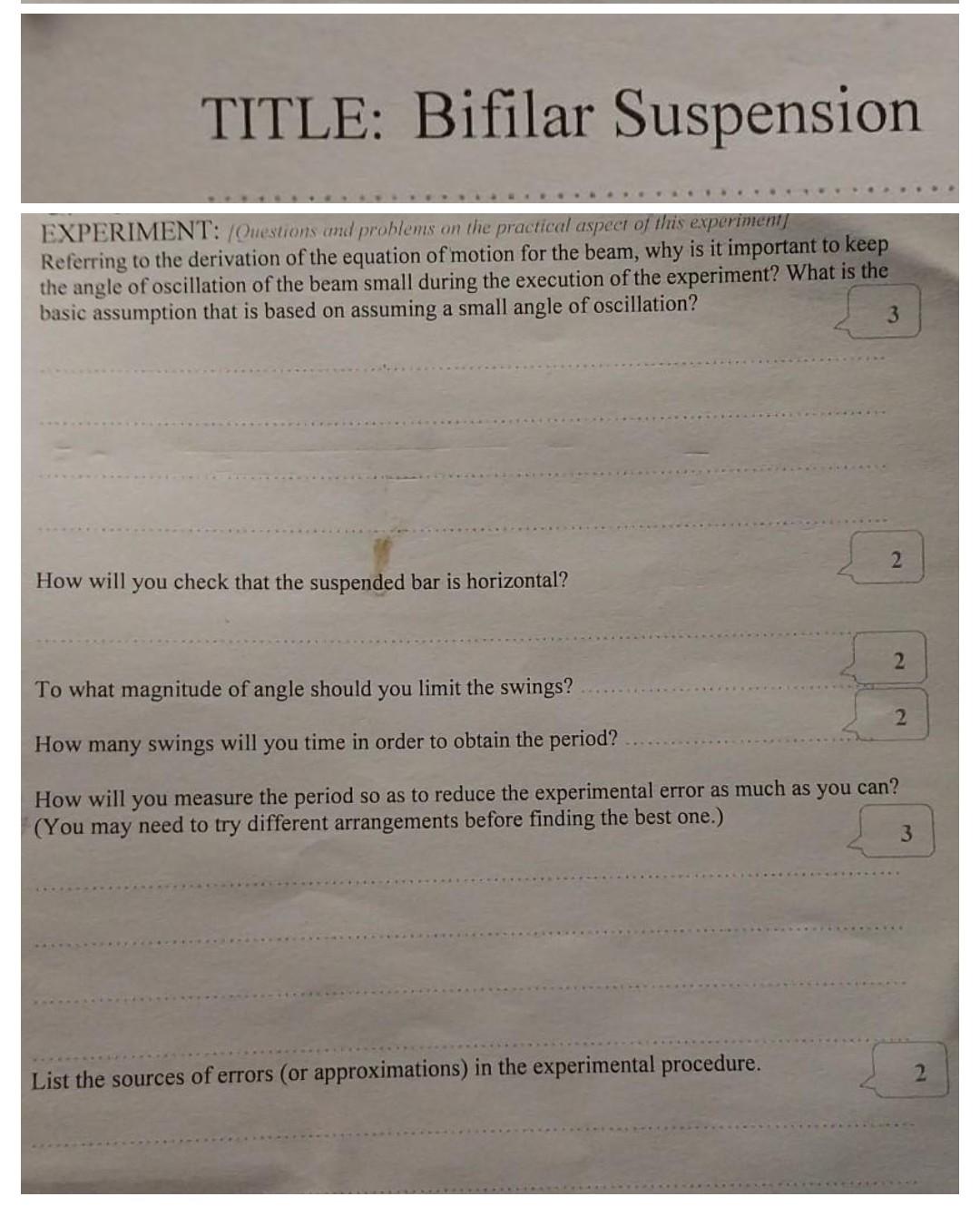 Solved TITLE: Bifilar Suspension EXPERIMENT: (Ouestions and | Chegg.com