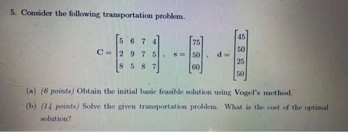Solved 5. Consider the following transportation problem. 45 | Chegg.com
