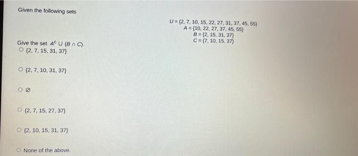 Solved Given the following sets | Chegg.com