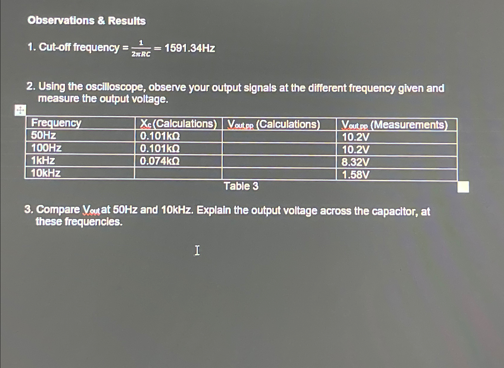 Solved Observations & ResultsCut-olf frequency | Chegg.com