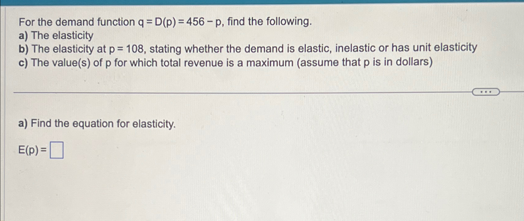 Solved For the demand function q=D(p)=456-p, ﻿find the | Chegg.com