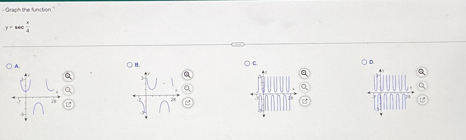 Solved Graph the function.y=sec(x4)A.B.B.c.D. | Chegg.com