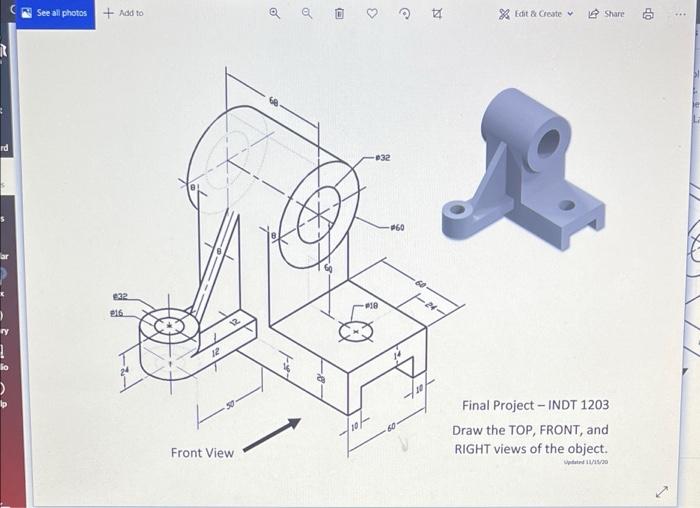 Solved Draw Top, Front, Right, and Multiview including all | Chegg.com