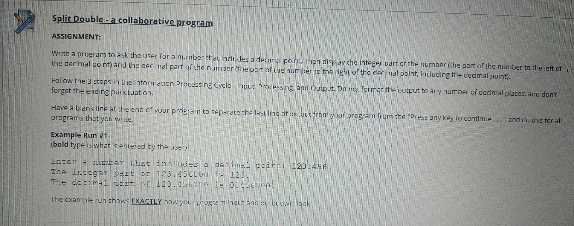 Solved Split Double - a collaborative program ASSIGNMENT: | Chegg.com