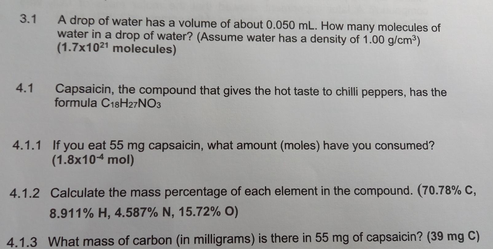 Solved 3.1 A drop of water has a volume of about 0.050 mL. | Chegg.com