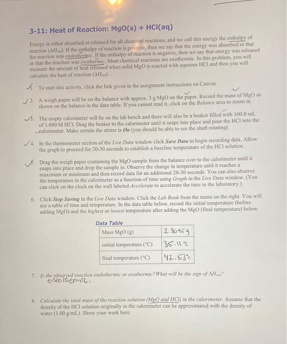 Solved 3-11: Heat of Reaction: MgO(s) + HCl(aq) Energy is | Chegg.com
