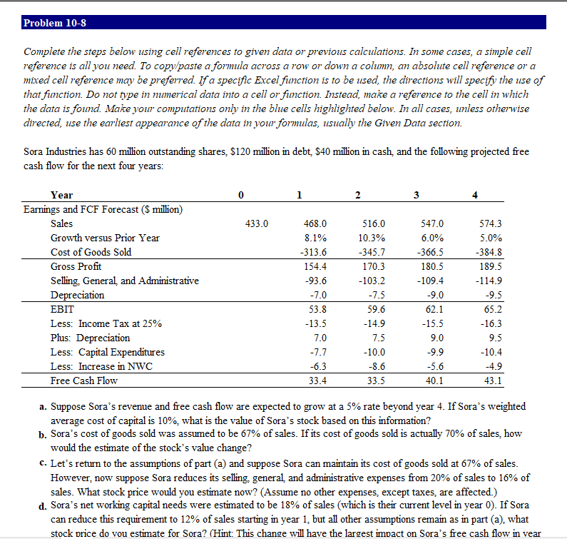 Solved Problem 10-8Complete the steps below using cell | Chegg.com