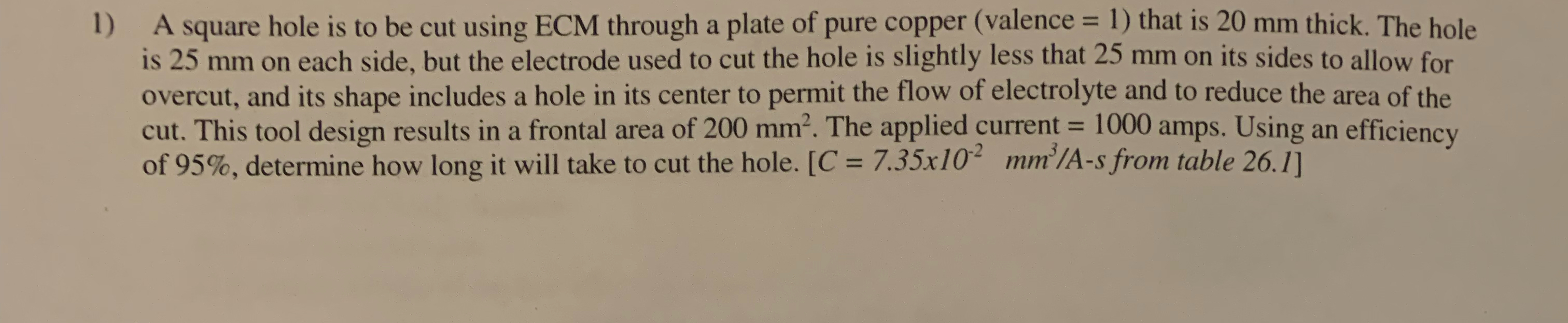 Solved A square hole is to be cut using ECM through a plate | Chegg.com