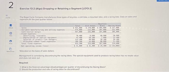 Solved Exercise 13-2 (Algo) Dropping or Retaining a Segment | Chegg.com