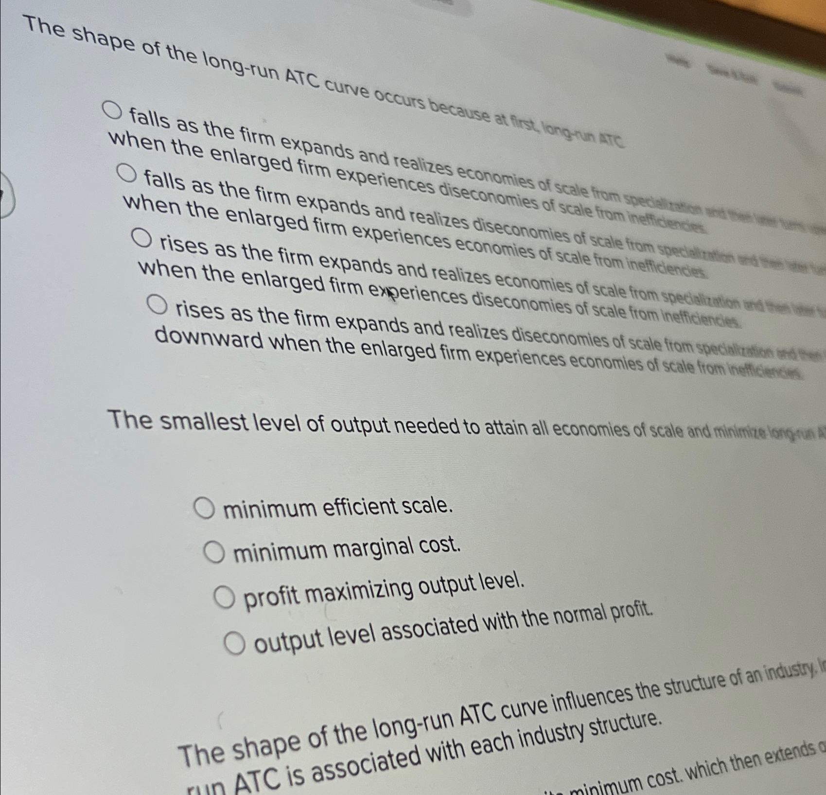Solved The shape of the long-run ATC curve occurs because at | Chegg.com