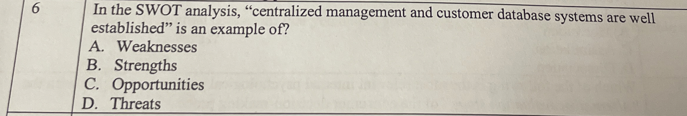 Solved 6 ﻿In the SWOT analysis, "centralized management and | Chegg.com