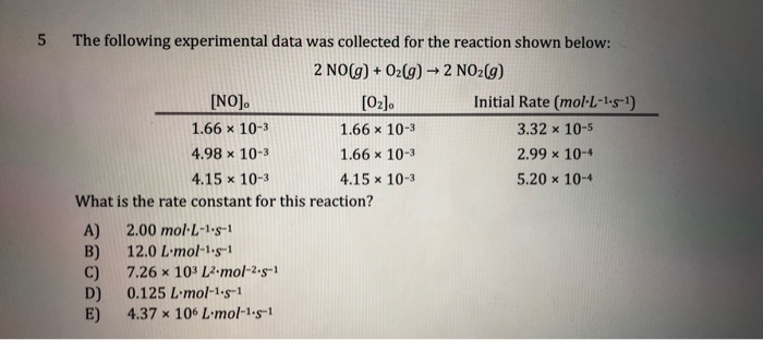 Solved 5 The following experimental data was collected for | Chegg.com