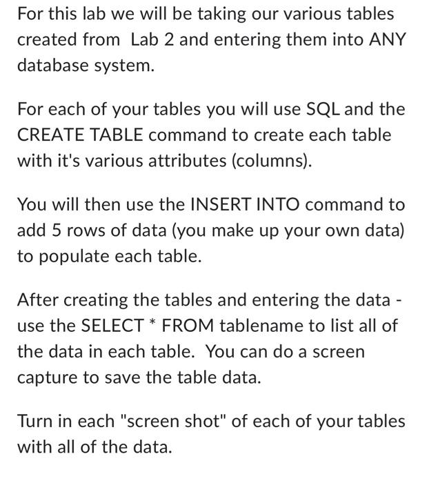 For this lab we will be taking our various tables | Chegg.com