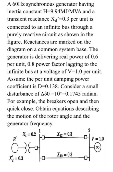 Solved A 60Hz synchronous generator having inertia constant | Chegg.com
