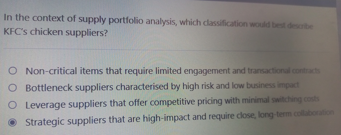 Solved In the context of supply portfolio analysis, which | Chegg.com