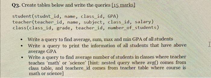 Solved Q3. Create tables below and write the queries [15 | Chegg.com