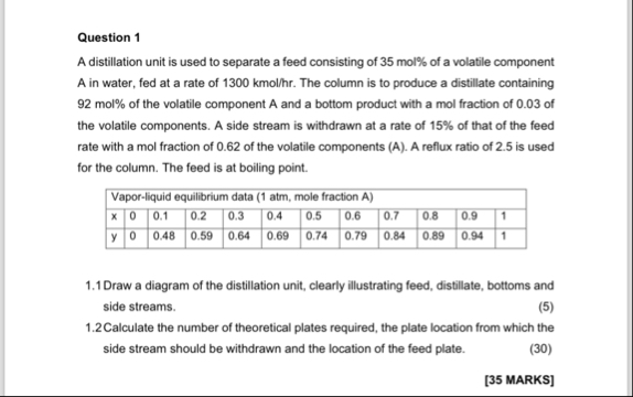 Solved Question 1A distillation unit is used to separate a | Chegg.com
