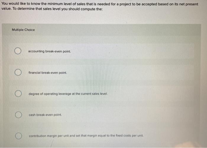 Solved You would like to know the minimum level of sales | Chegg.com
