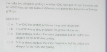 Solved Consider two diffraction gratings, one has 4000 | Chegg.com