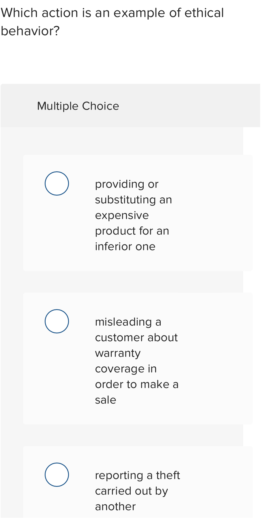 Solved Which action is an example of ethical | Chegg.com