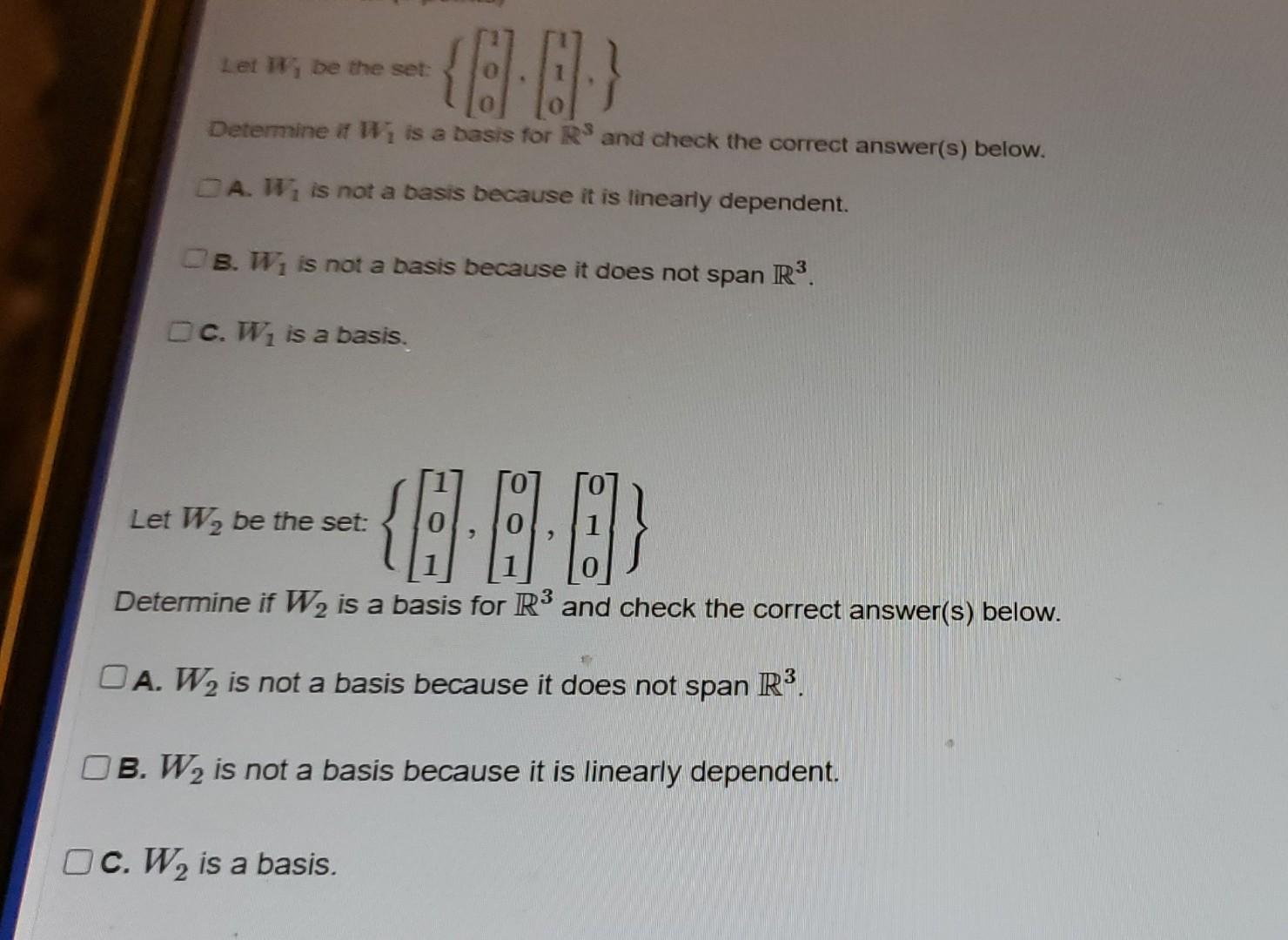Solved Let W1 de the set: ⎩⎨⎧⎣⎡200⎦⎤,⎣⎡110⎦⎤,⎭⎬⎫ Determane | Chegg.com