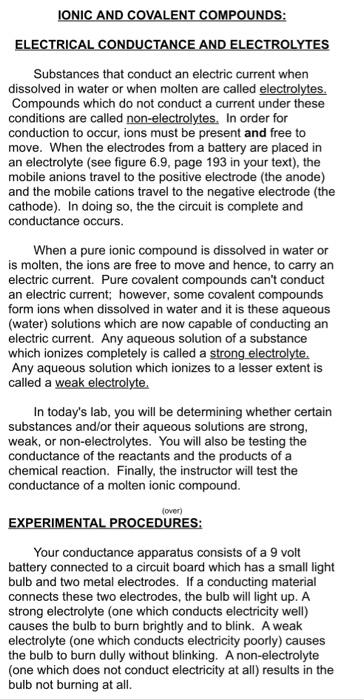 Solved IONIC AND COVALENT COMPOUNDS: ELECTRICAL CONDUCTANCE | Chegg.com