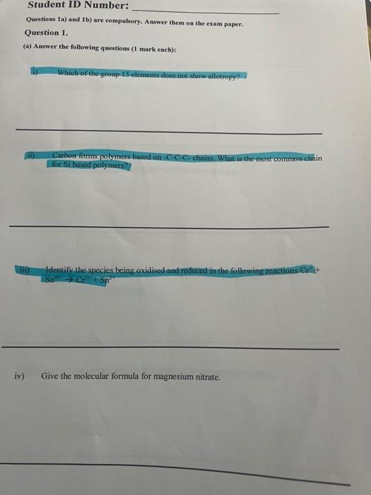 Solved Student ID Number: Questions la) and 1b) are | Chegg.com