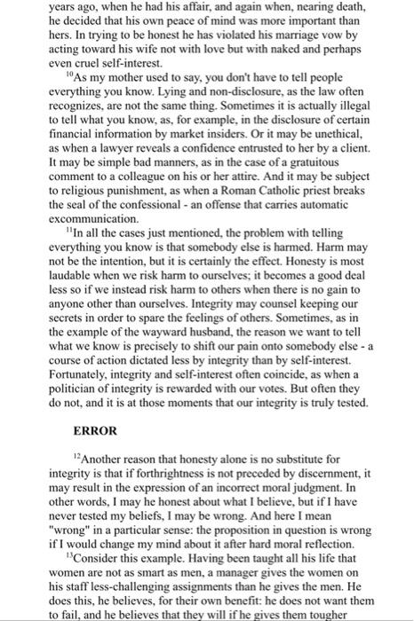 Solved THE INSUFFICIENCY OF HONESTY Stephen L. Carter | Chegg.com