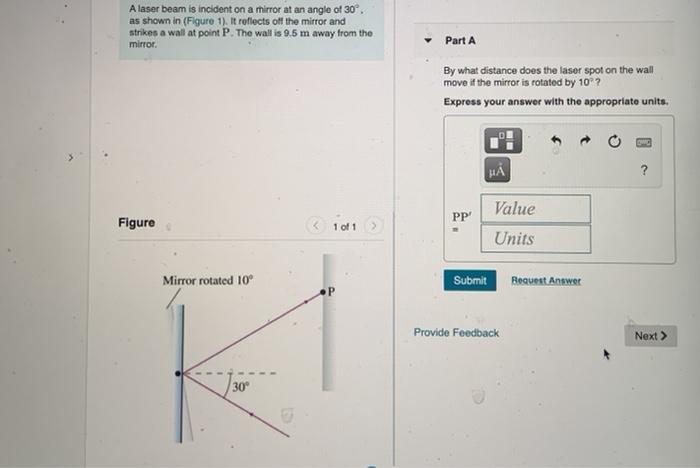Solved A laser beam is incident on a mirror at an angle of | Chegg.com