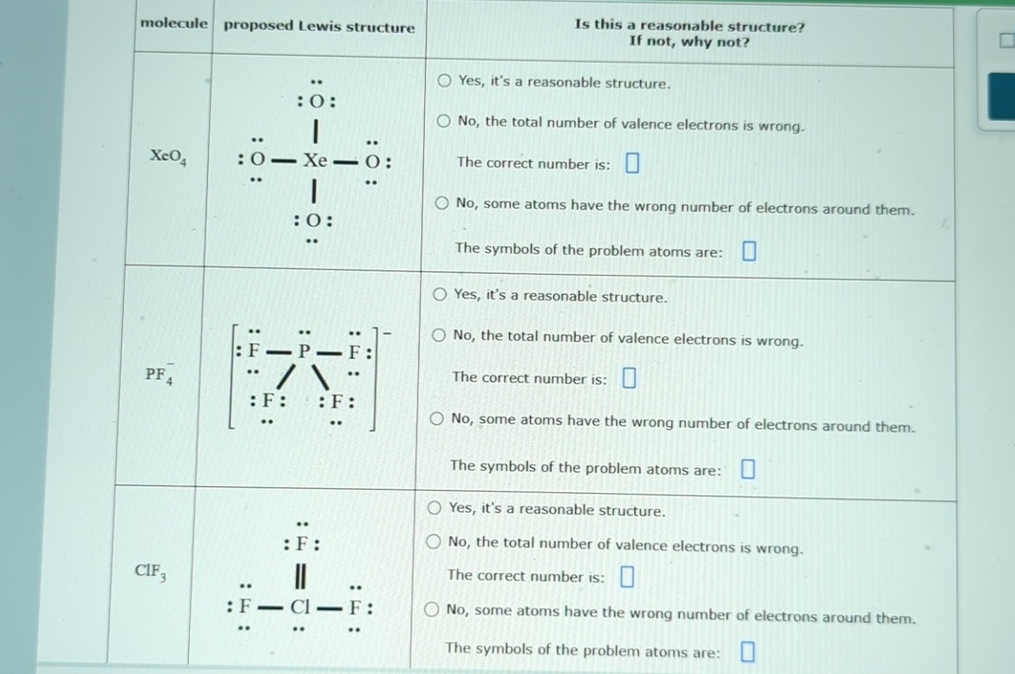 Solved \table[[molecule,proposed Lewis structure,Is this a | Chegg.com